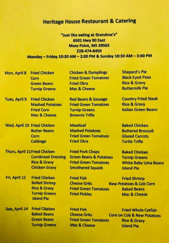 Menu at Heritage House restaurant, Moss Point, US-90