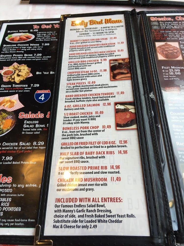 Menu at Manny's Original Chophouse steakhouse, Bay Lake