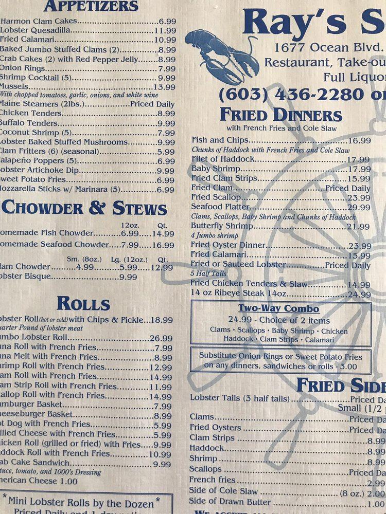 Menu at Ray's Seafood restaurant, Rye