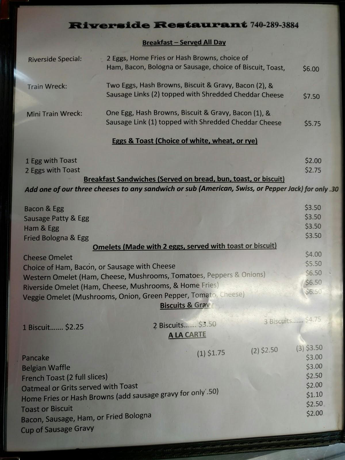 Menu at Riverside Restaurant, Piketon