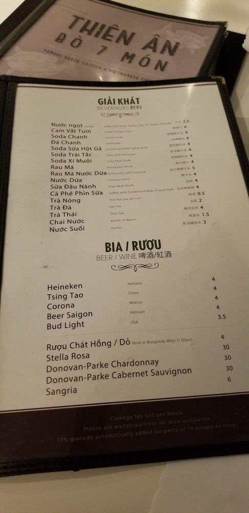 Menu at Thien An Bo 7 Mon restaurant, Rosemead
