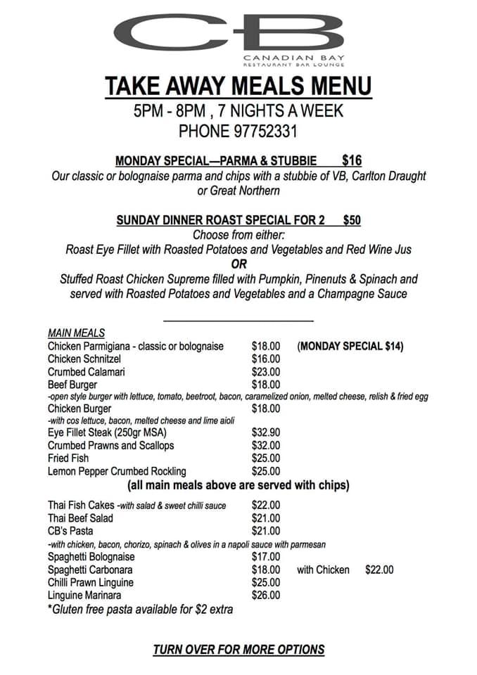 Menu at Canadian Bay Hotel pub & bar, Mount Eliza