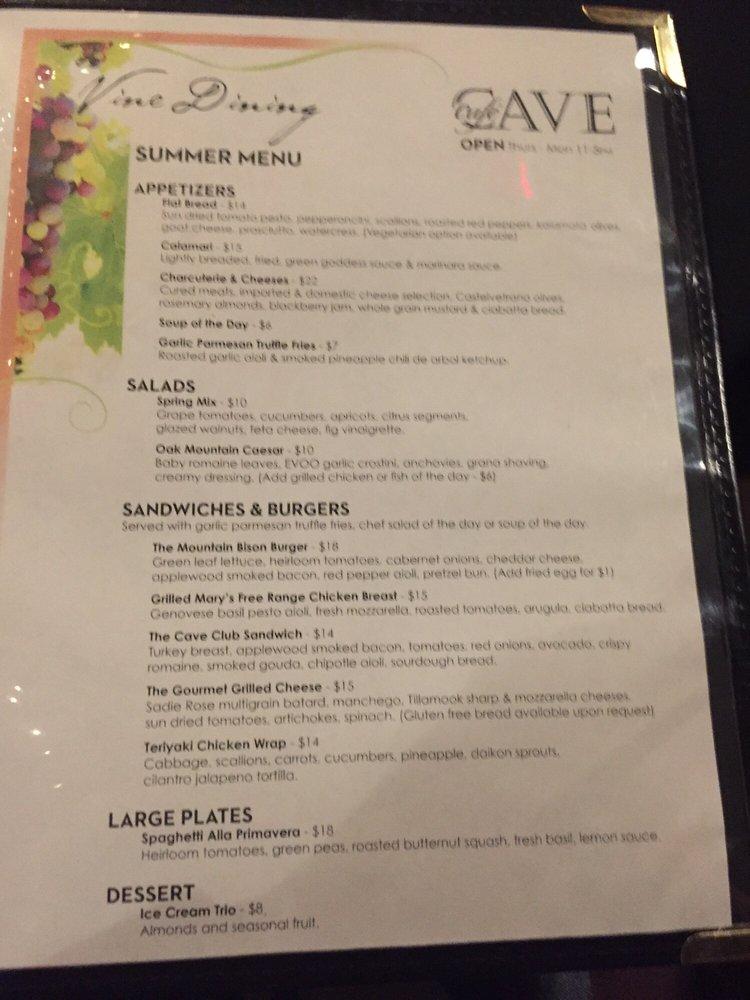 Menu at Cave Cafe, Temecula