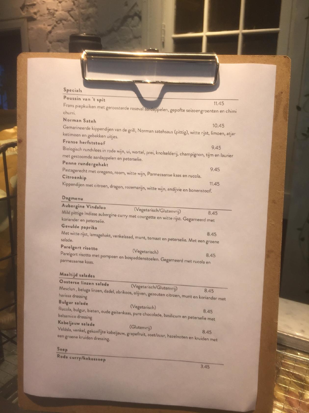 Menu at DIS Dinner Shop, Amsterdam