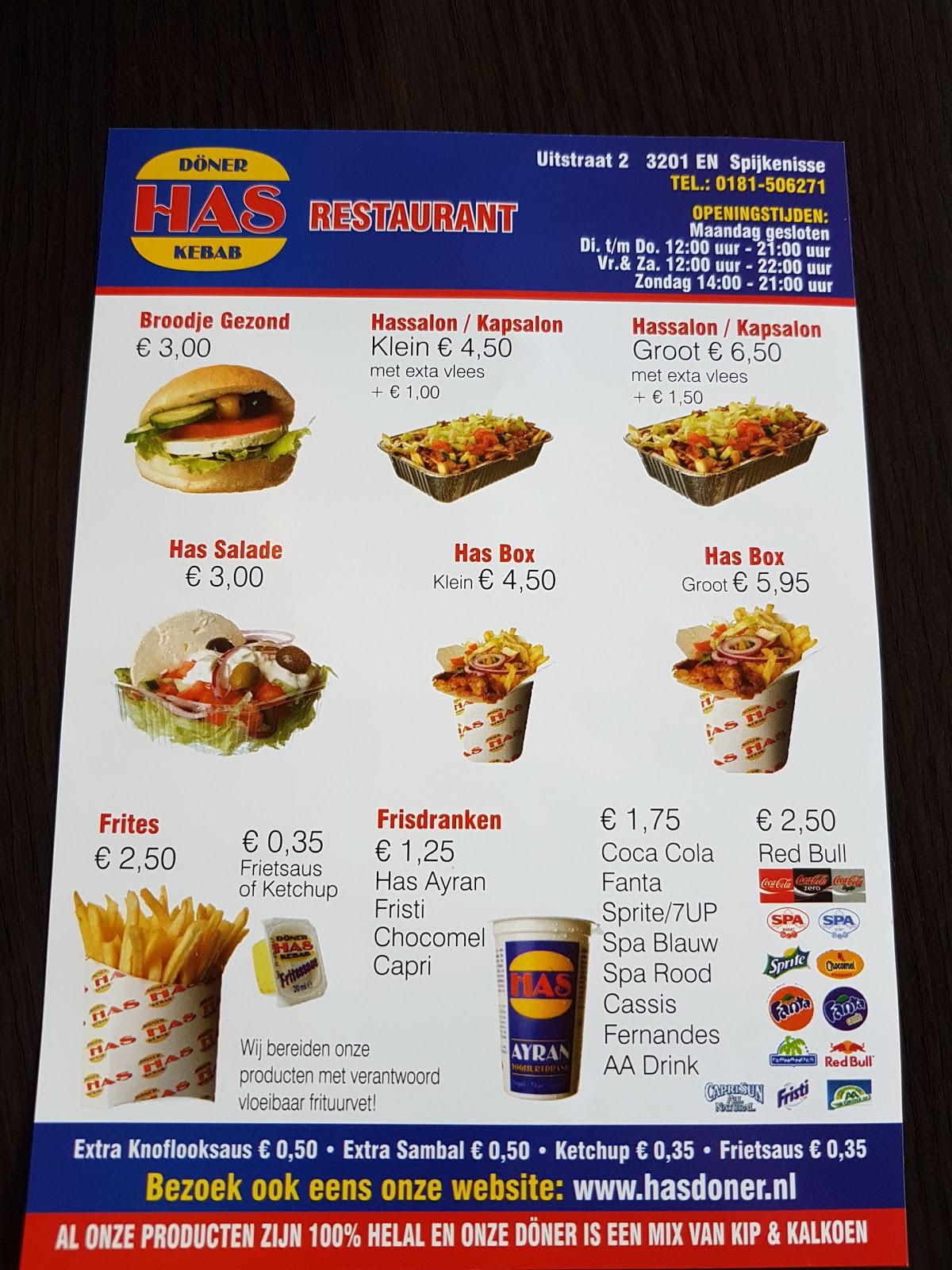 Menu at HAS Doner Kebab, Spijkenisse