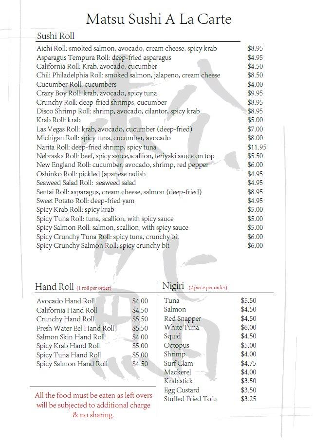 Menu at Matsu Sushi restaurant, Omaha