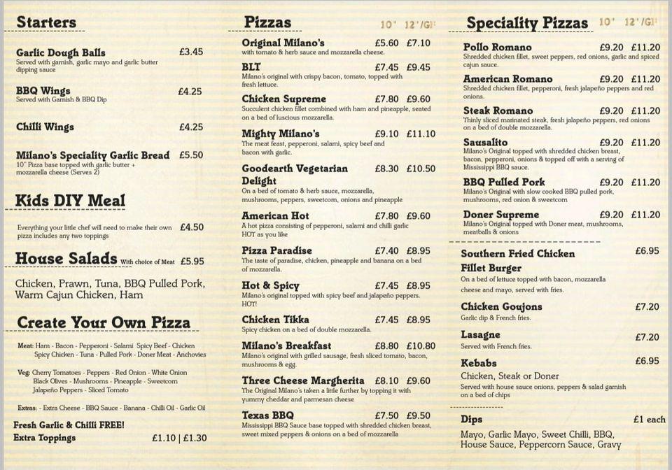 Menu at Milanos Ballymena cafe, Ballymena