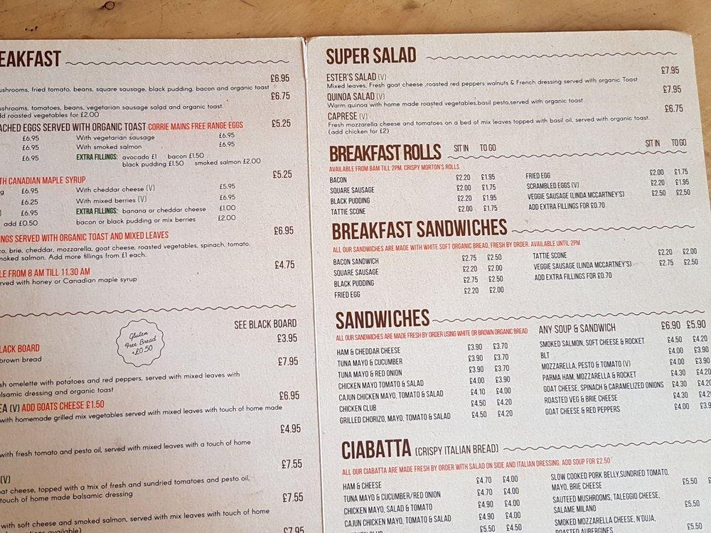 Menu at North Star Cafe, Glasgow