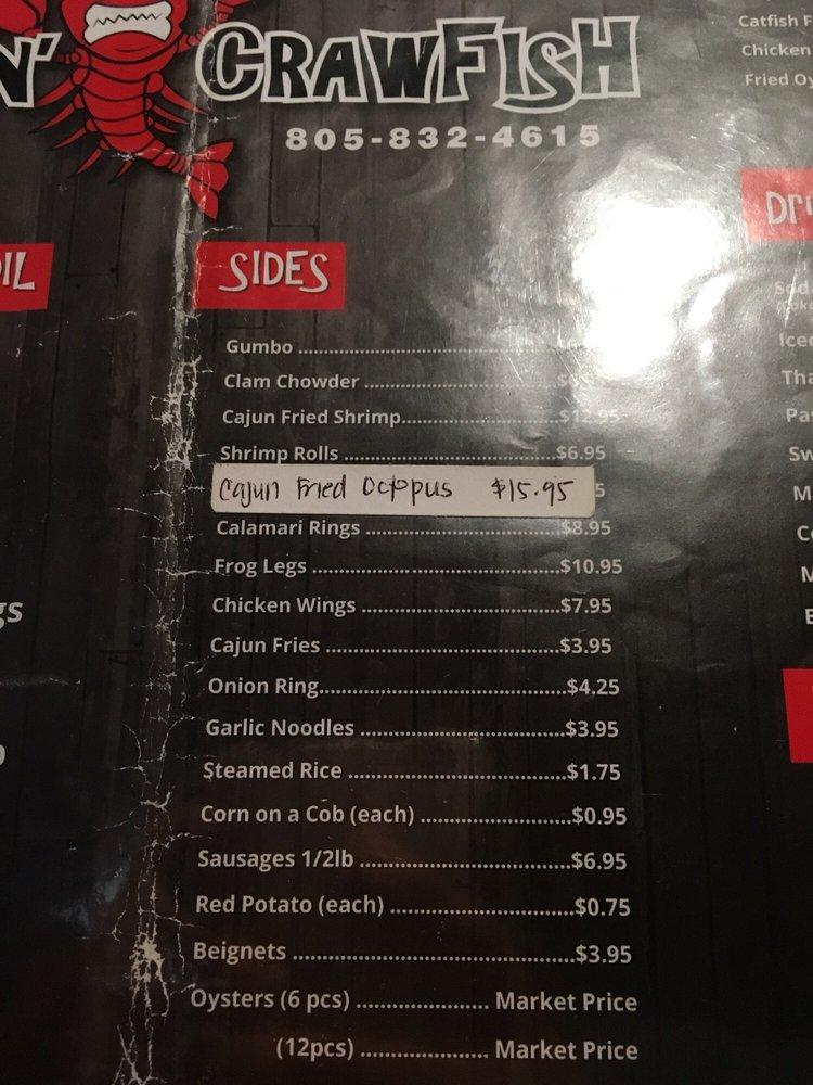Menu at Ragin Crawfish restaurant, Oxnard