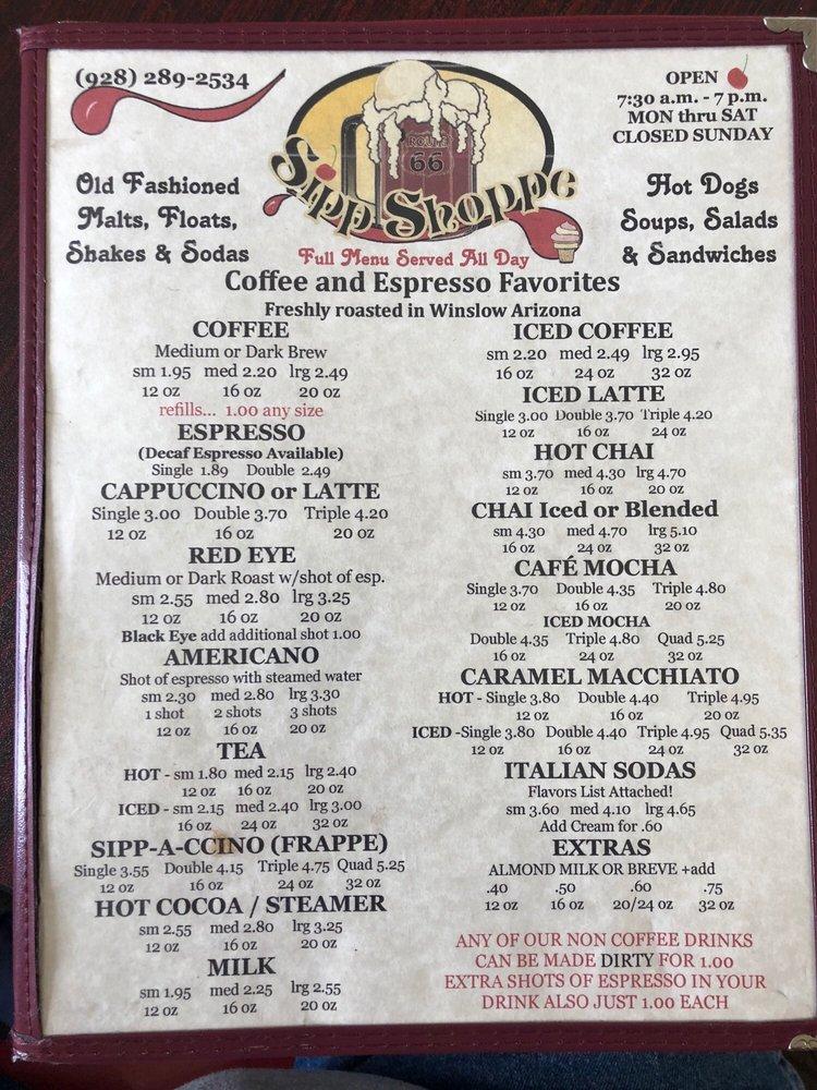 Menu at Sipp Shoppe restaurant, Winslow