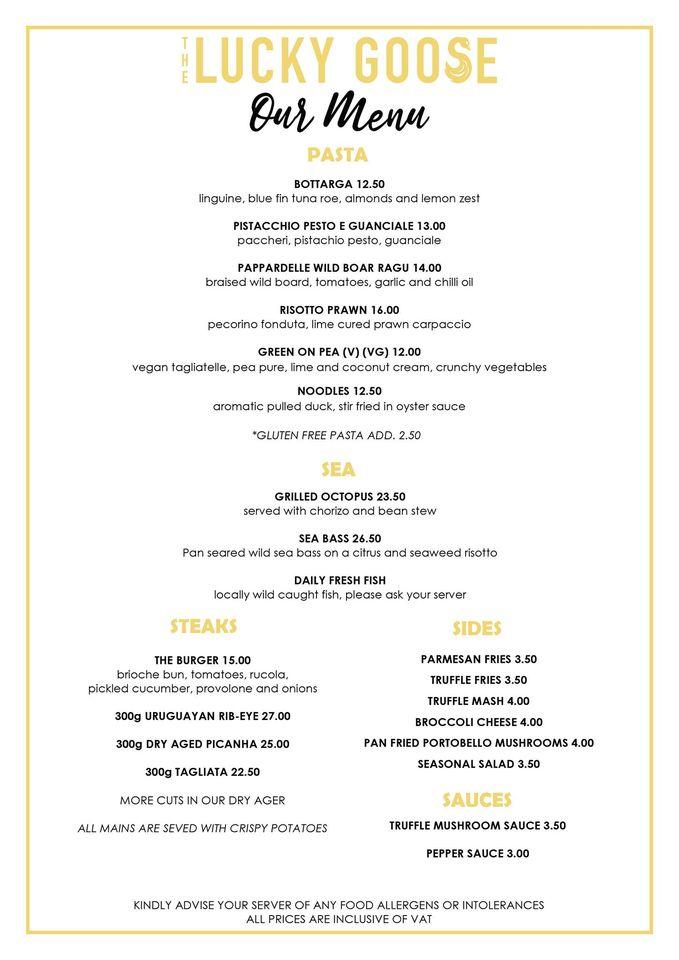 Menu at The Lucky Goose restaurant, Ta' Xbiex