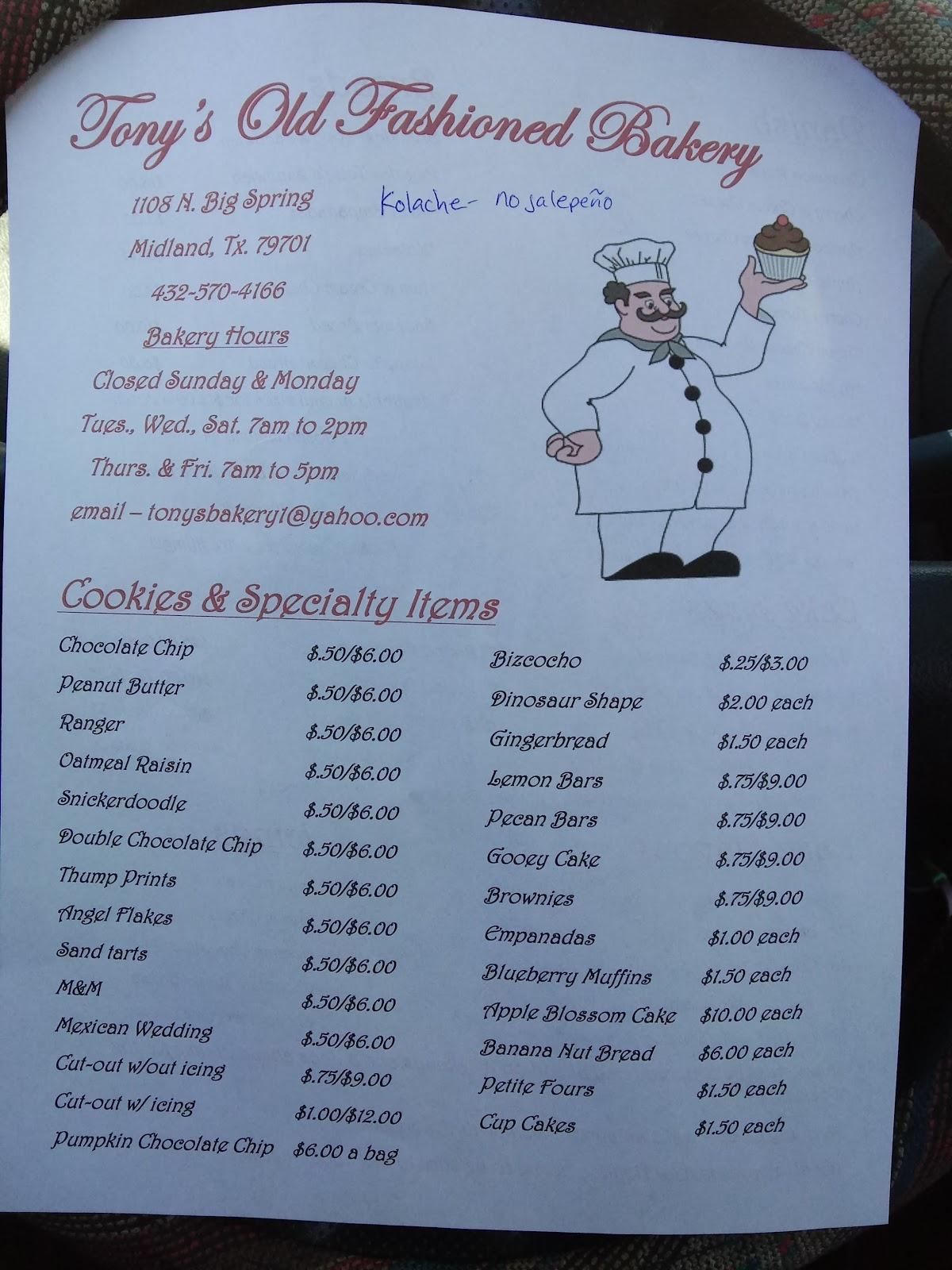 Menu at Tony's Old Fashioned Bakery, Midland