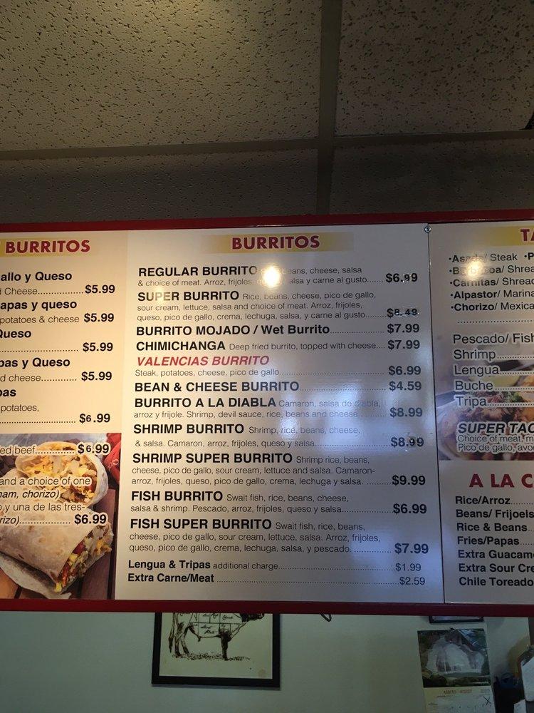 Menu at Valencia's Taqueria restaurant, Citrus Heights, Greenback Ln C