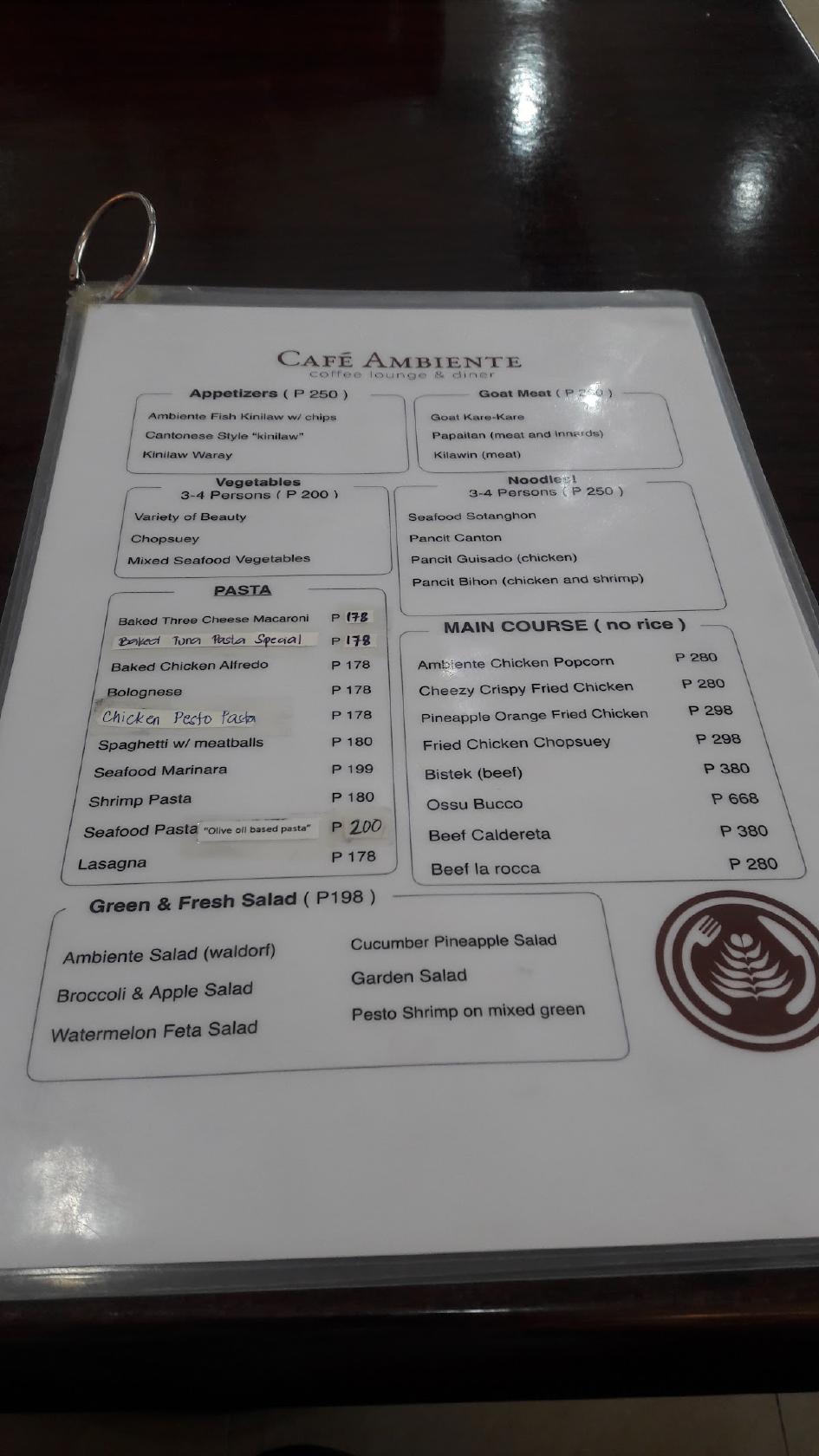 Menu at Cafe Ambiente, Iligan City