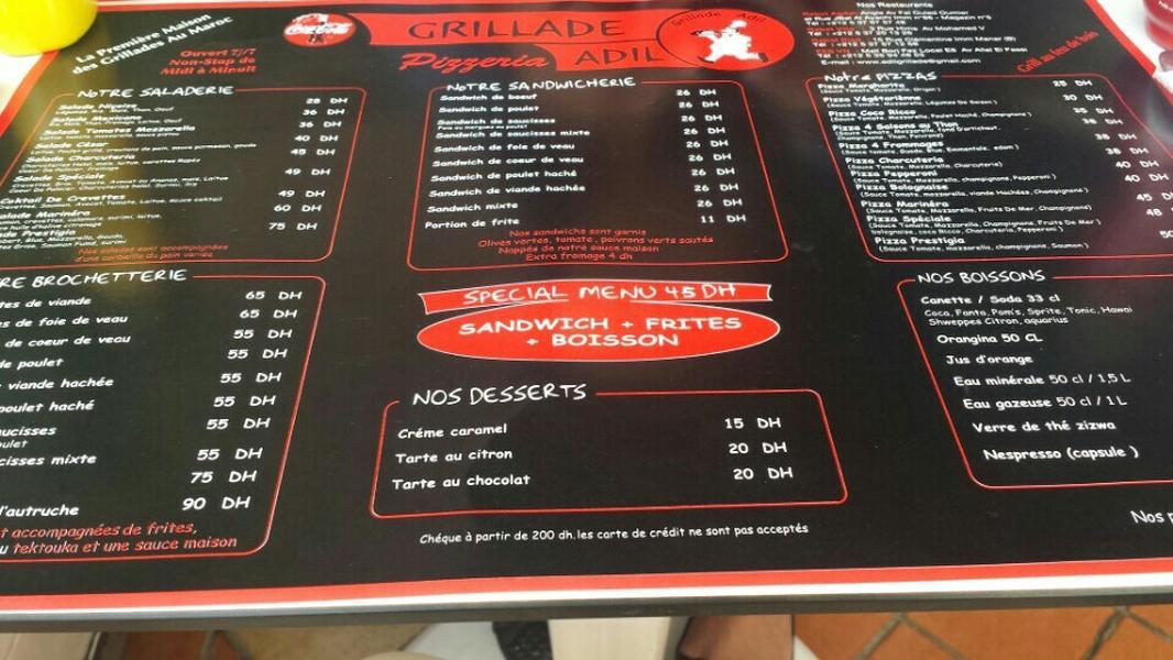 Menu at Grillade Adil restaurant, Rabat, X44G+XXM