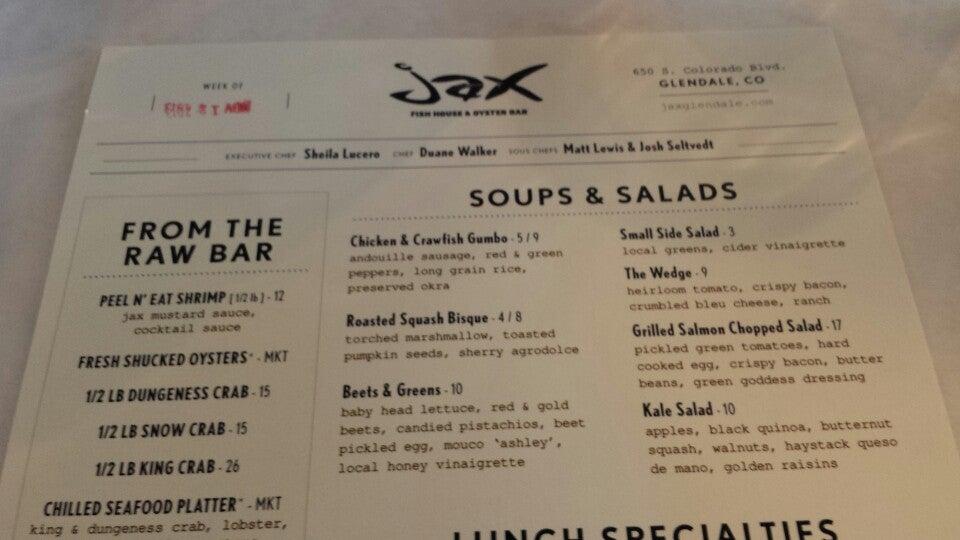 Carta de Jax Fish House & Oyster Bar, Glendale, 650 S Colorado Blvd