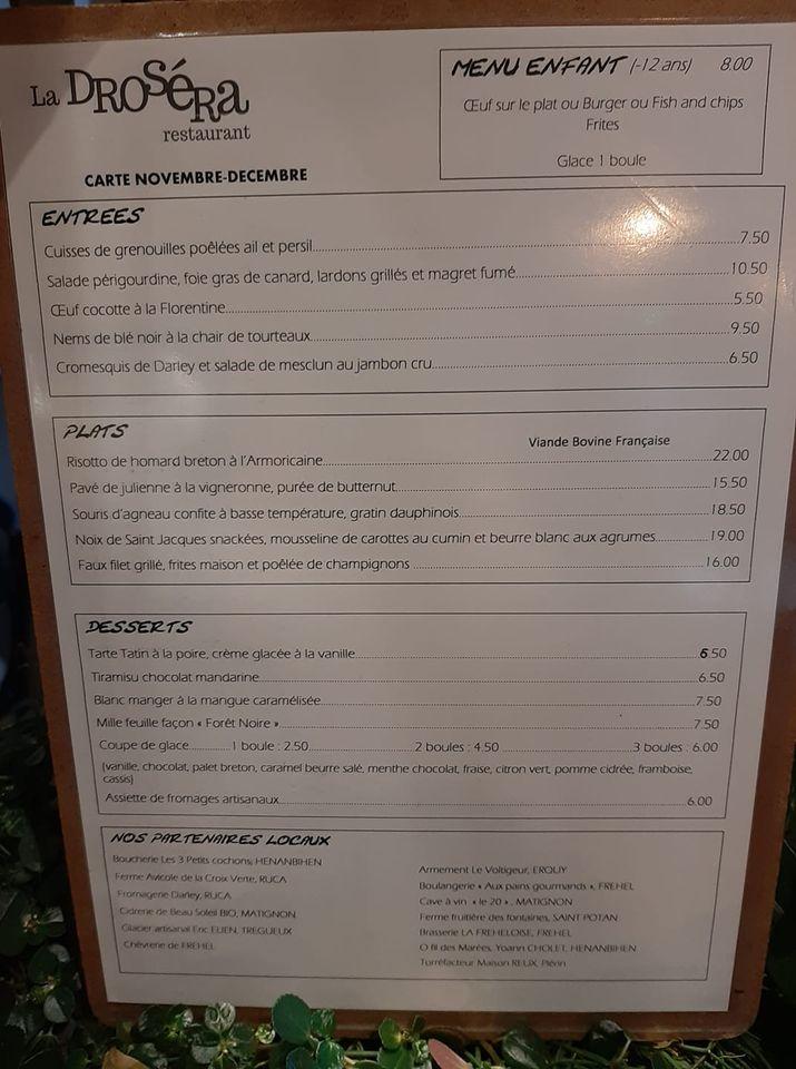 Menu at La Drosera restaurant, Fréhel