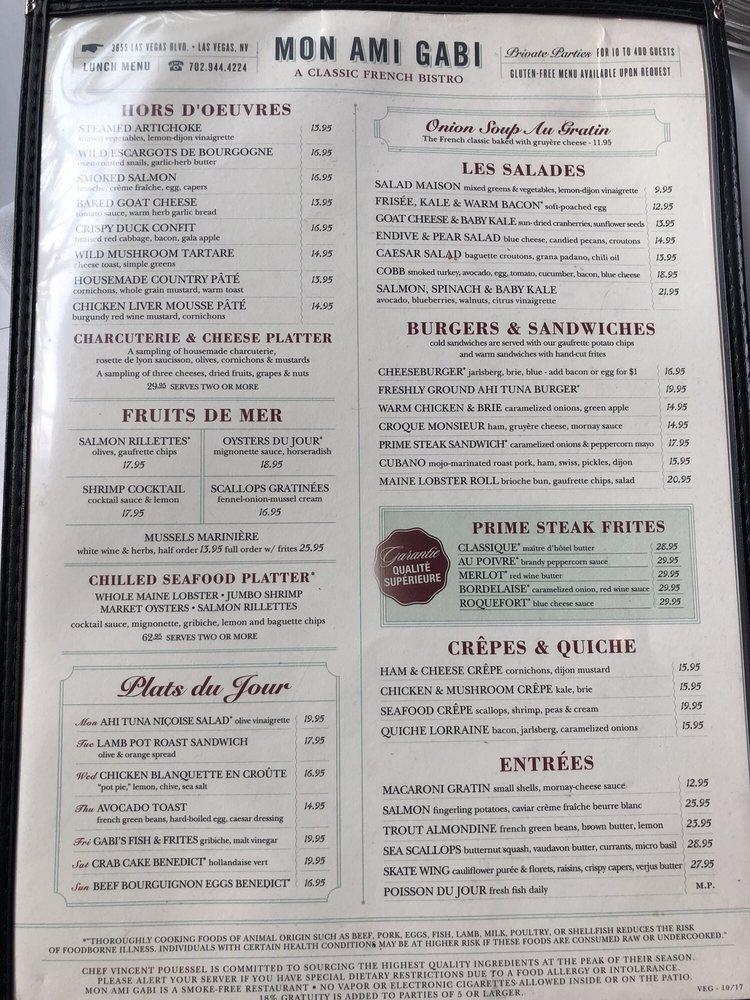 Menu at Mon Ami Gabi steakhouse, Las Vegas, S Las Vegas Blvd South