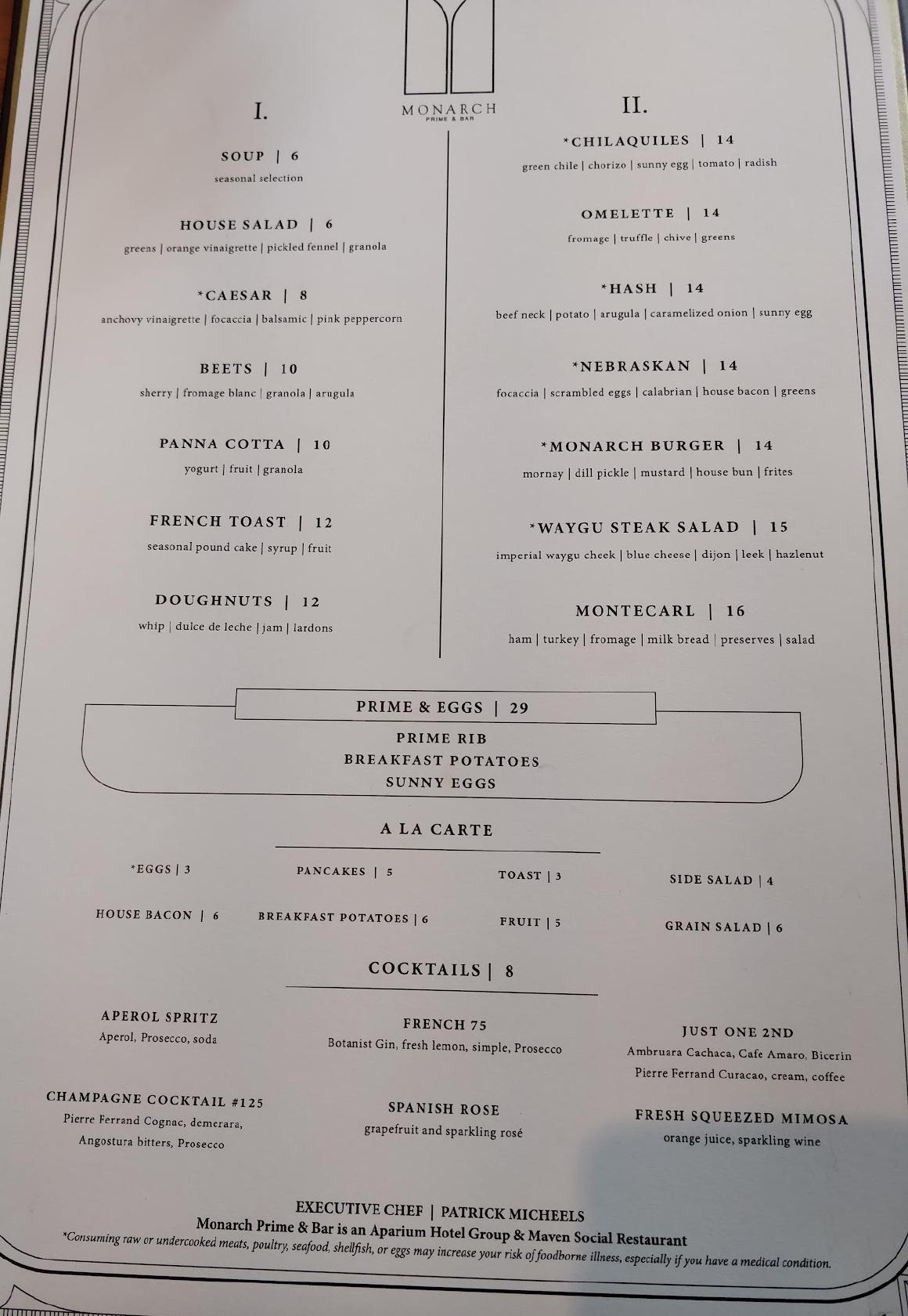 Menu at Monarch Restaurant, Omaha