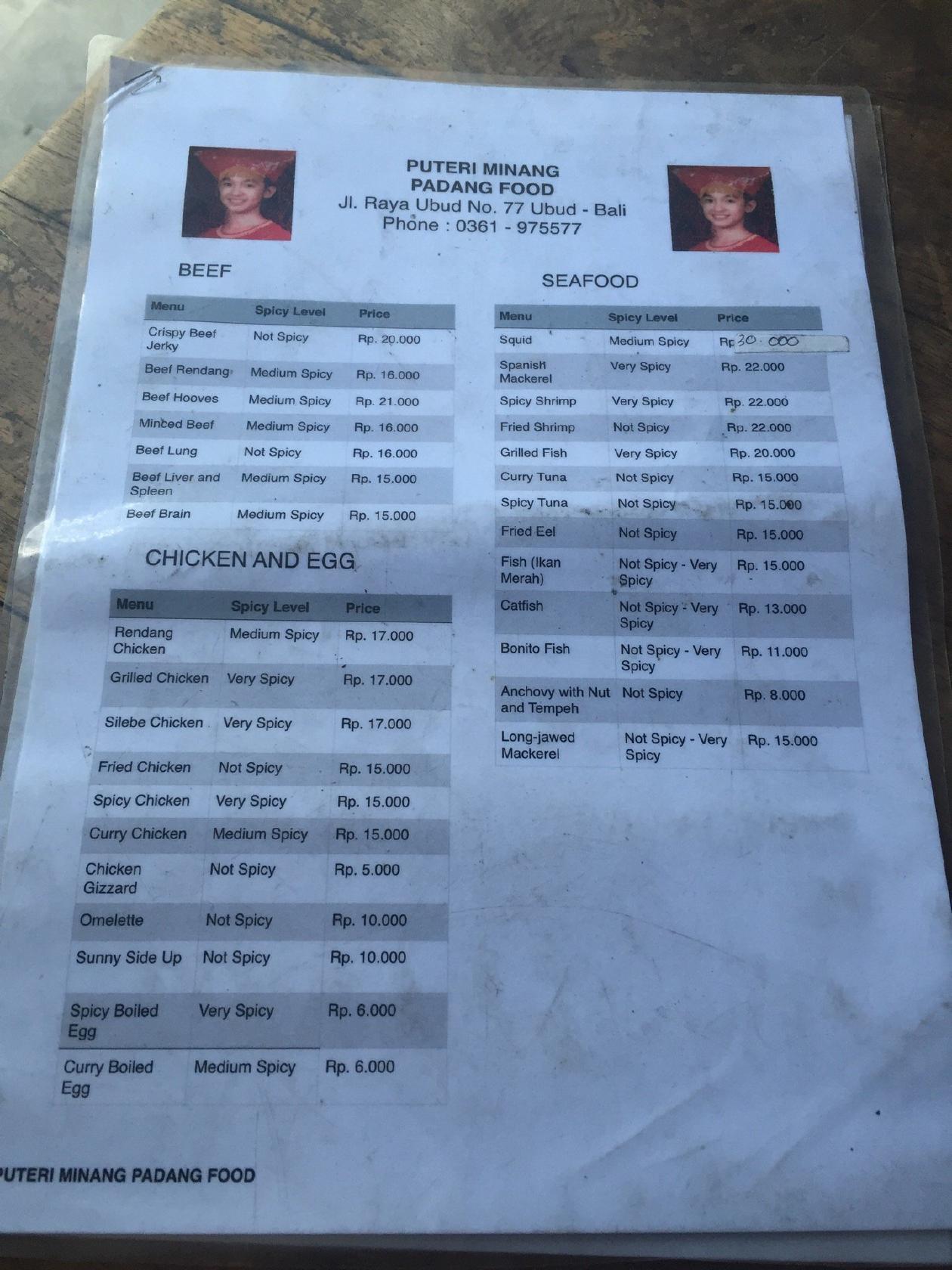 Menu at Puteri Minang Padang Food restaurant, Ubud