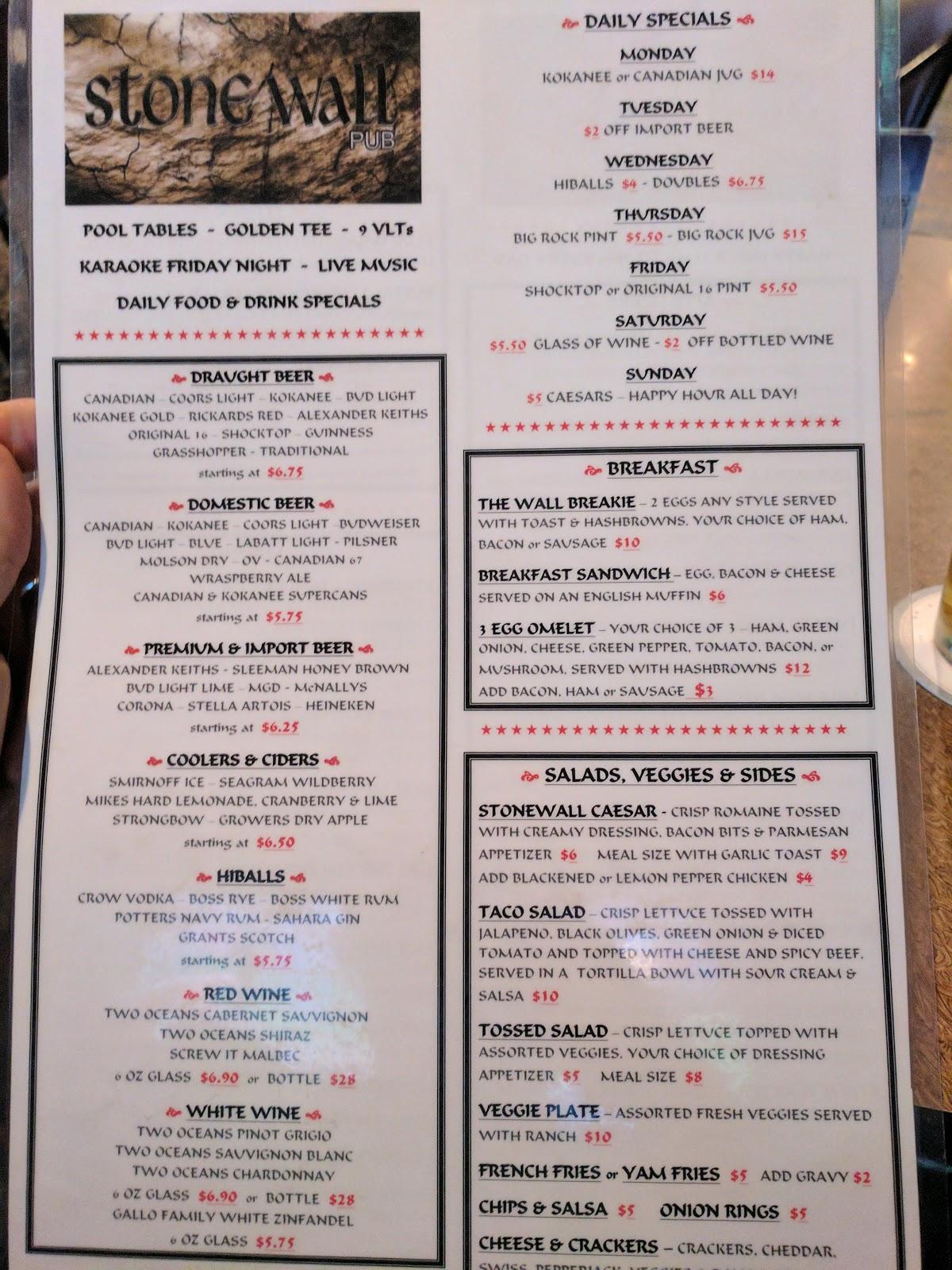 Menu at Stonewall Pub, Calgary