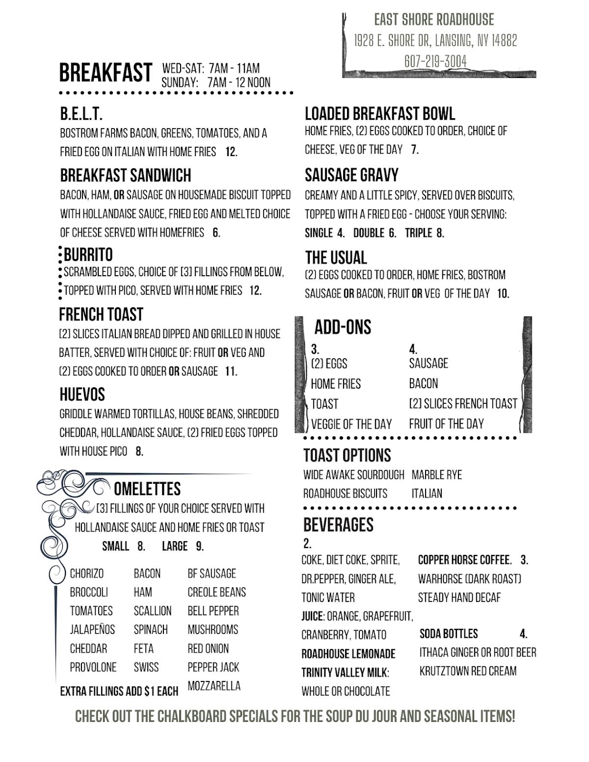 Menu at East Shore Roadhouse restaurant, Lansing