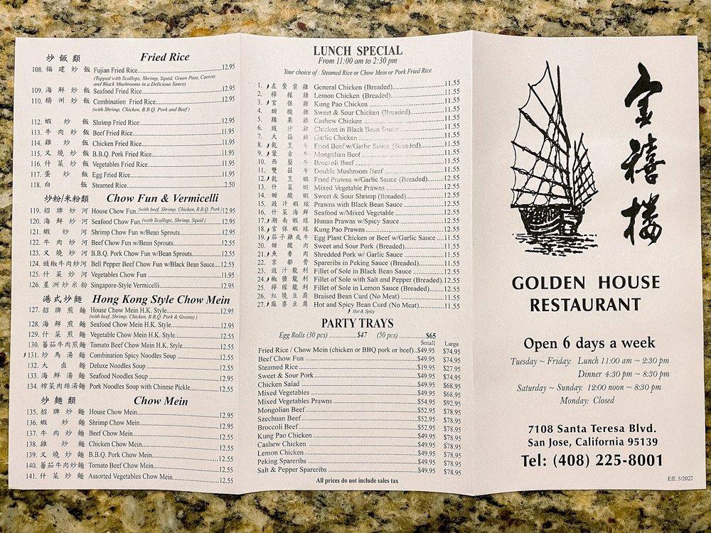 Menu at Golden House Restaurant, San Jose