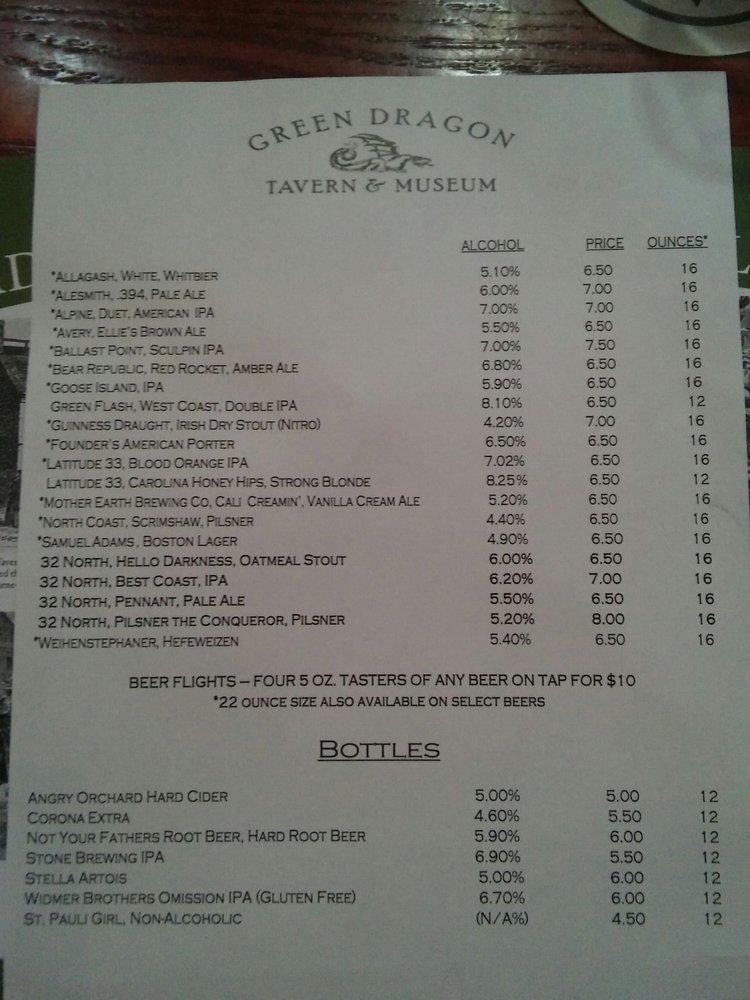 Menu at Green Dragon Tavern & Museum pub & bar, Carlsbad