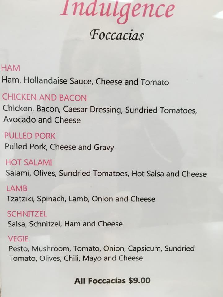 Menu at Indulgence Bakery Cafe, Kyneton
