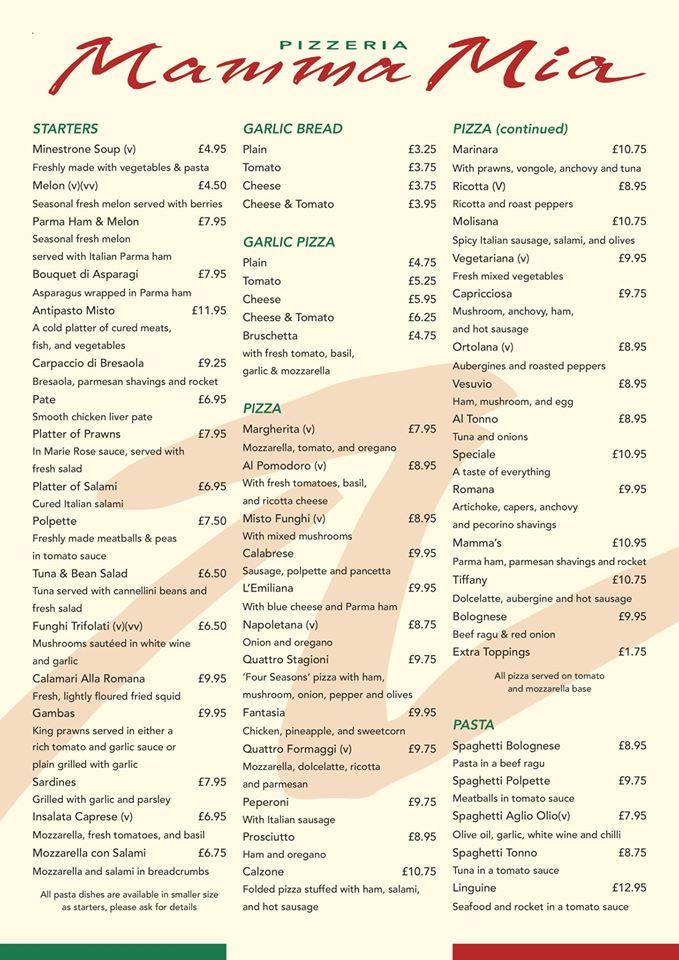 Menu at Pizzeria Mamma Mia, Southport