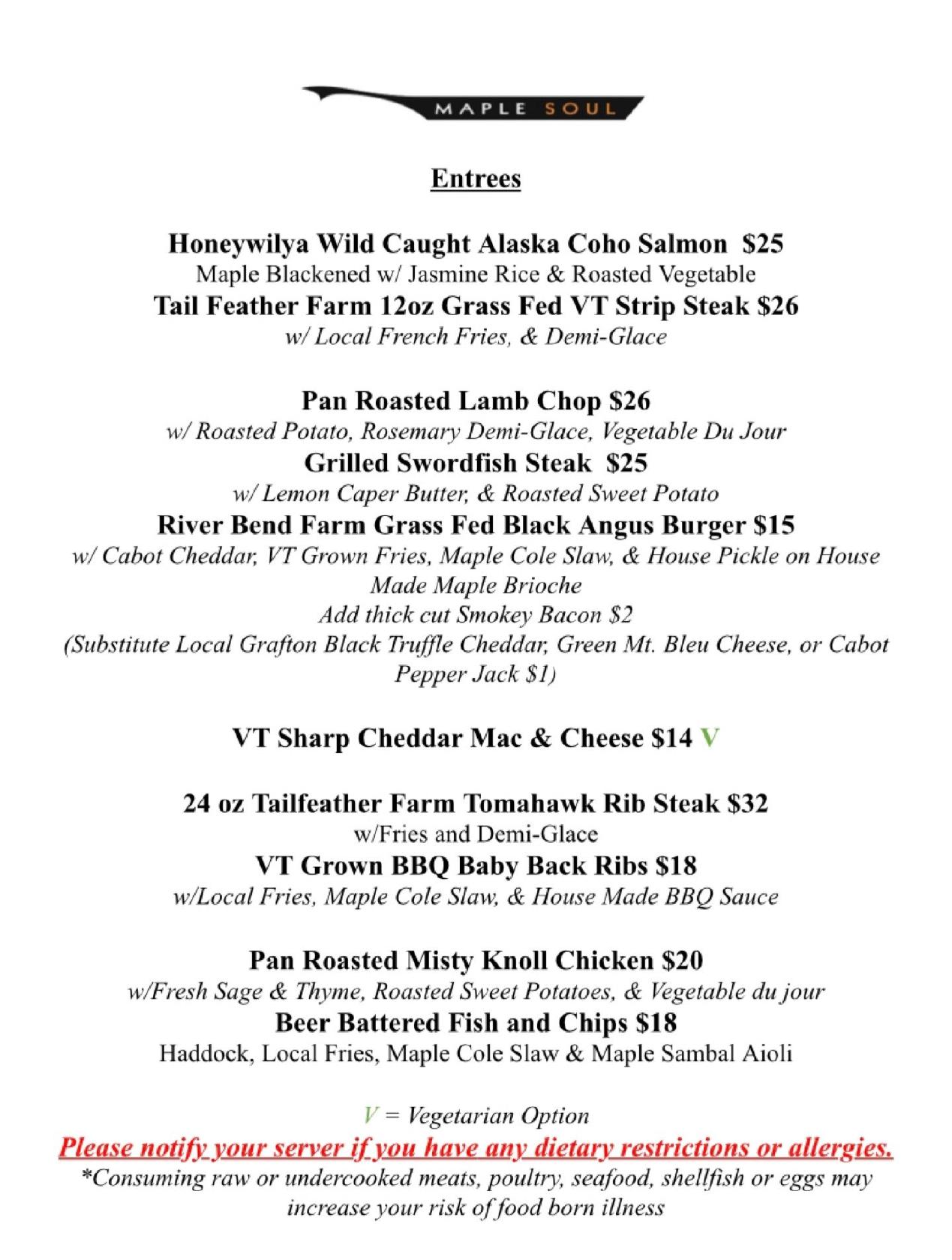 Menu at Maple Soul restaurant, Rochester