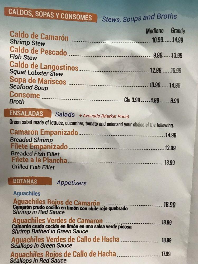 Menu at Mariscos Luis restaurant, Chicago, W 47th St