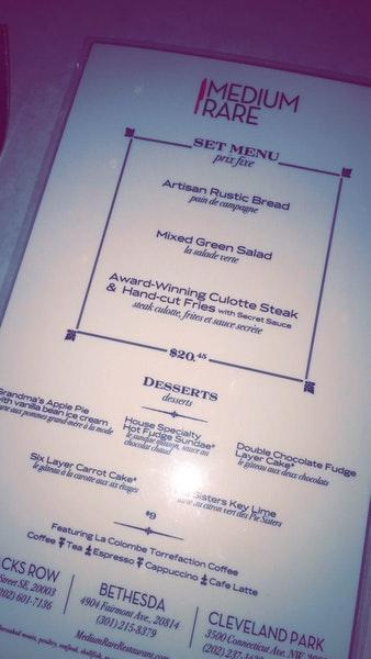 Menu at Medium Rare steakhouse, Bethesda