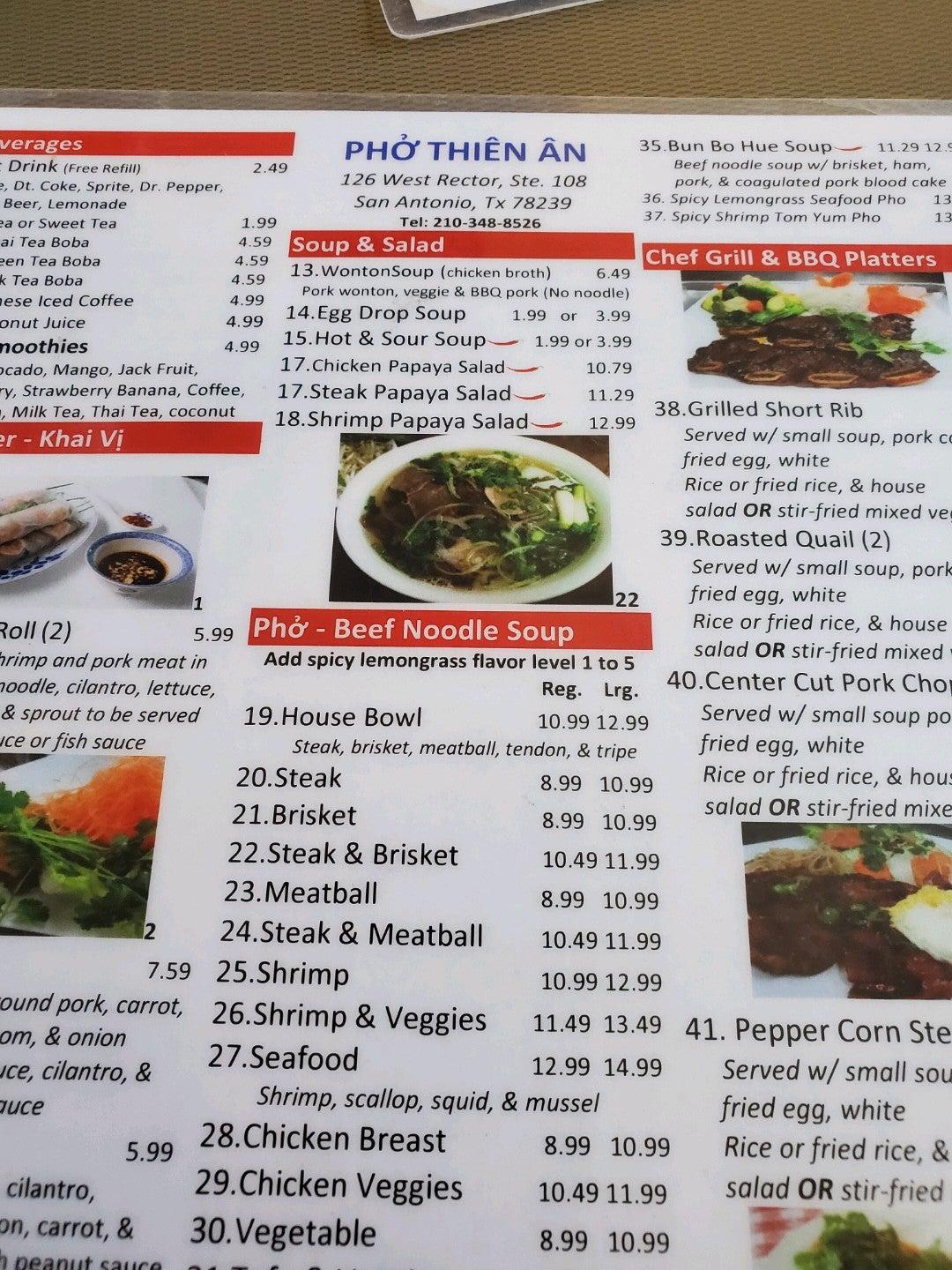Menu at Phở Thiên Ân restaurant, San Antonio, 126 W Rector Dr #108