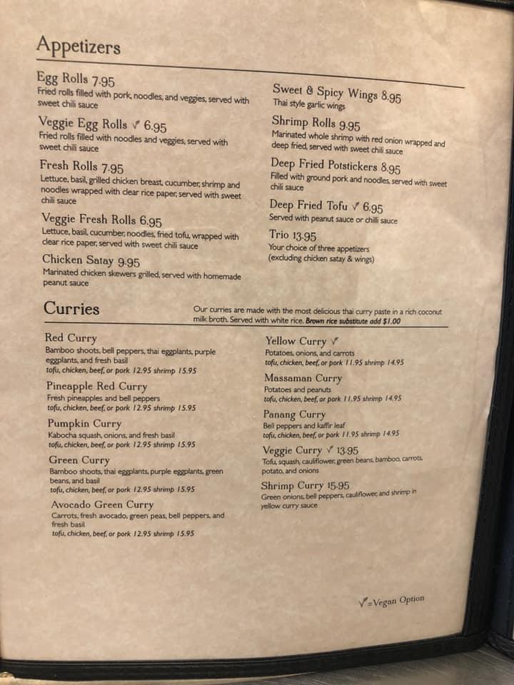 Menu at Sabaidee restaurant, Bremerton
