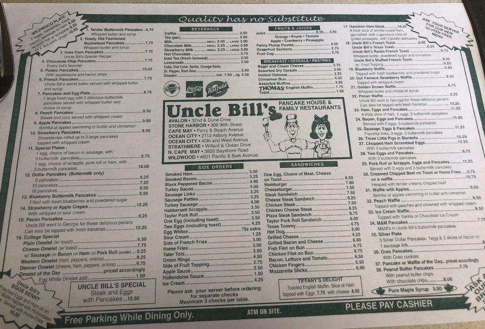 Menu at Uncle Bill's Pancake House restaurant, Wildwood