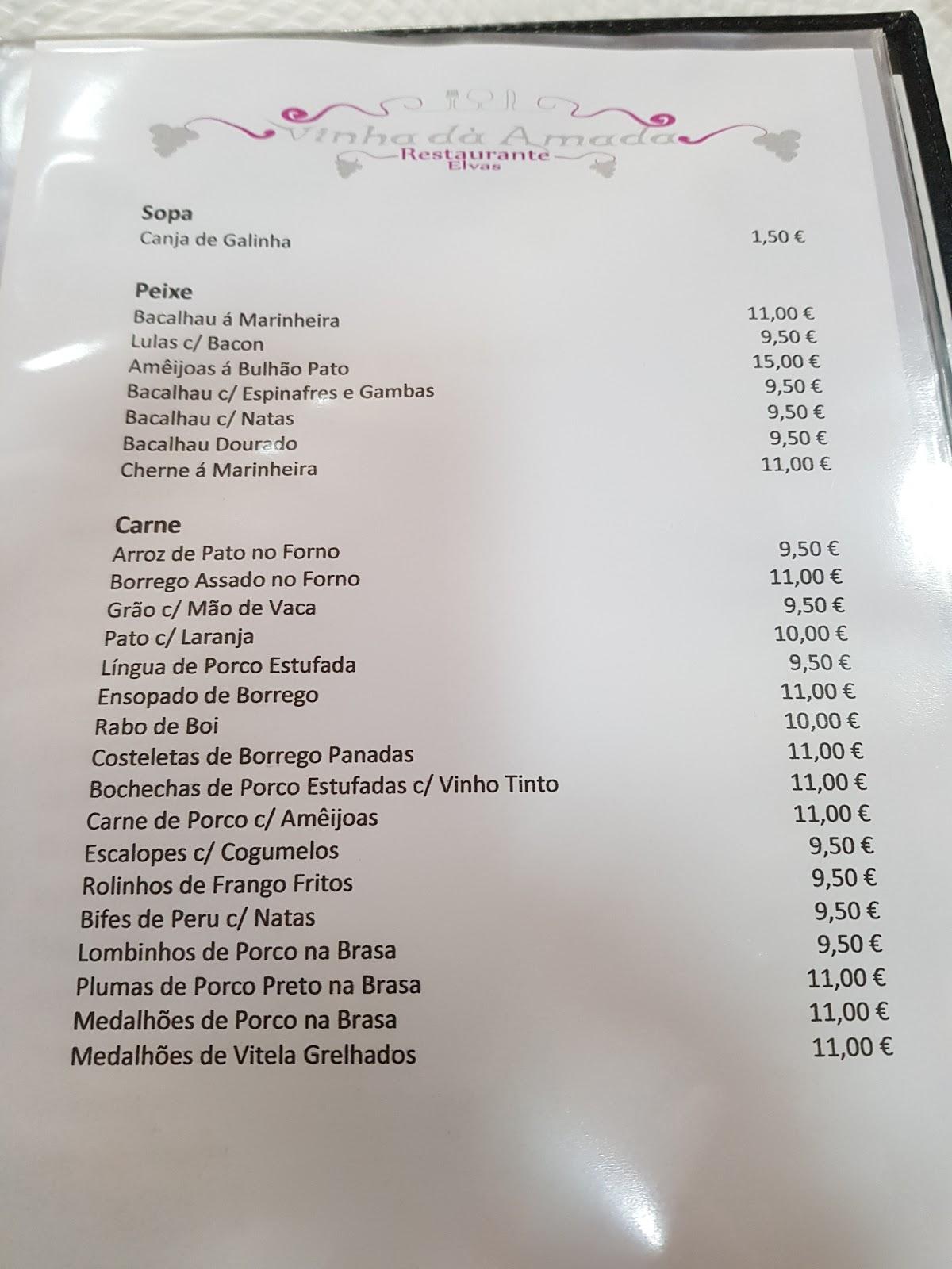 Menu at Vinha Amada restaurant, Elvas