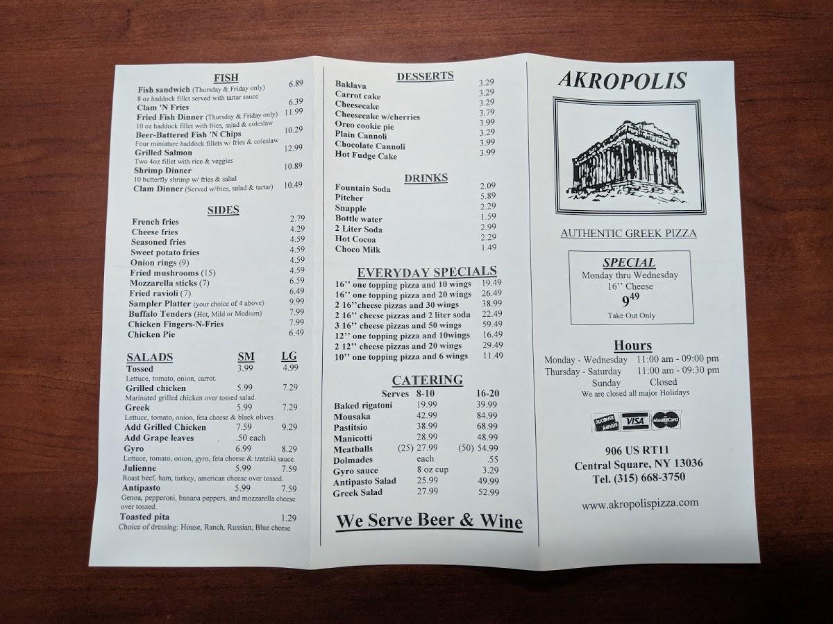 Menu at Akropolis pizzeria, Central Square