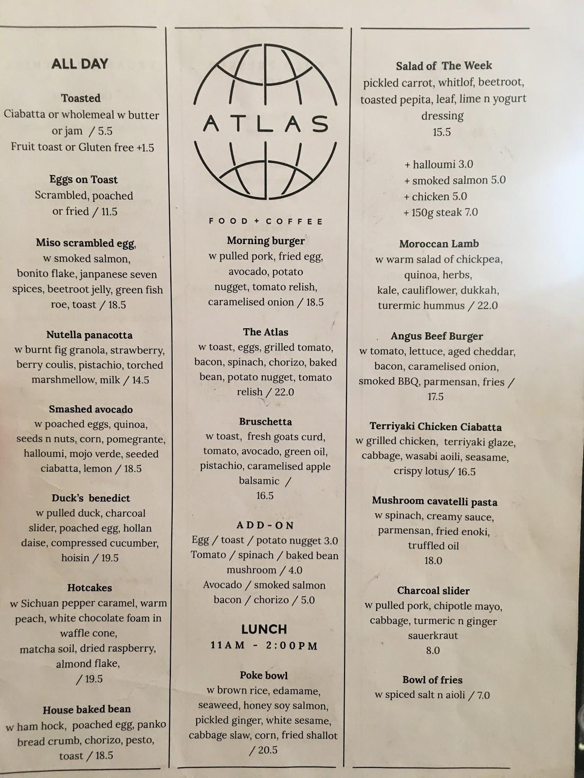 Menu at Atlas Food + Coffee cafe, West Perth