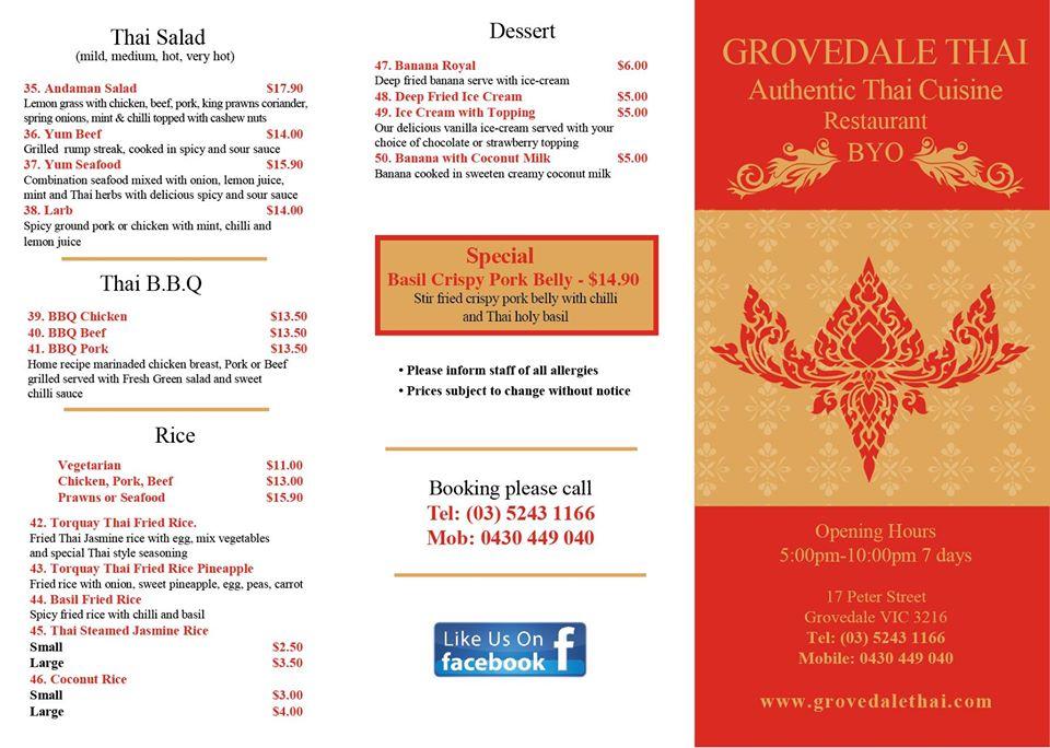 Menu at Grovedale Thai restaurant, Grovedale