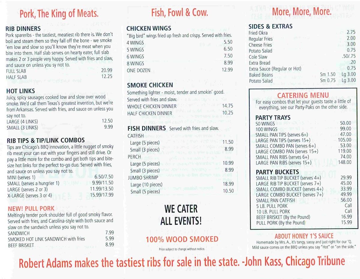 Menu at Honey 1 BBQ, Chicago, 746 E 43rd St