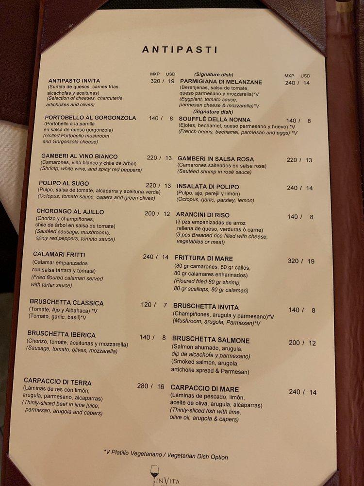 Menu at Invita Bistro restaurant, Cabo San Lucas