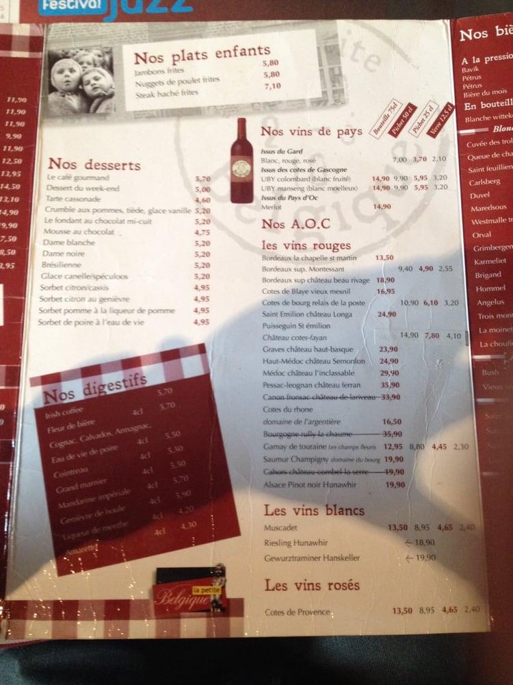 Menu at La Petite Belgique restaurant, Chéreng