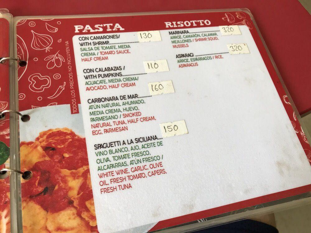 Menu at Luna Rossa restaurant, Puerto Escondido