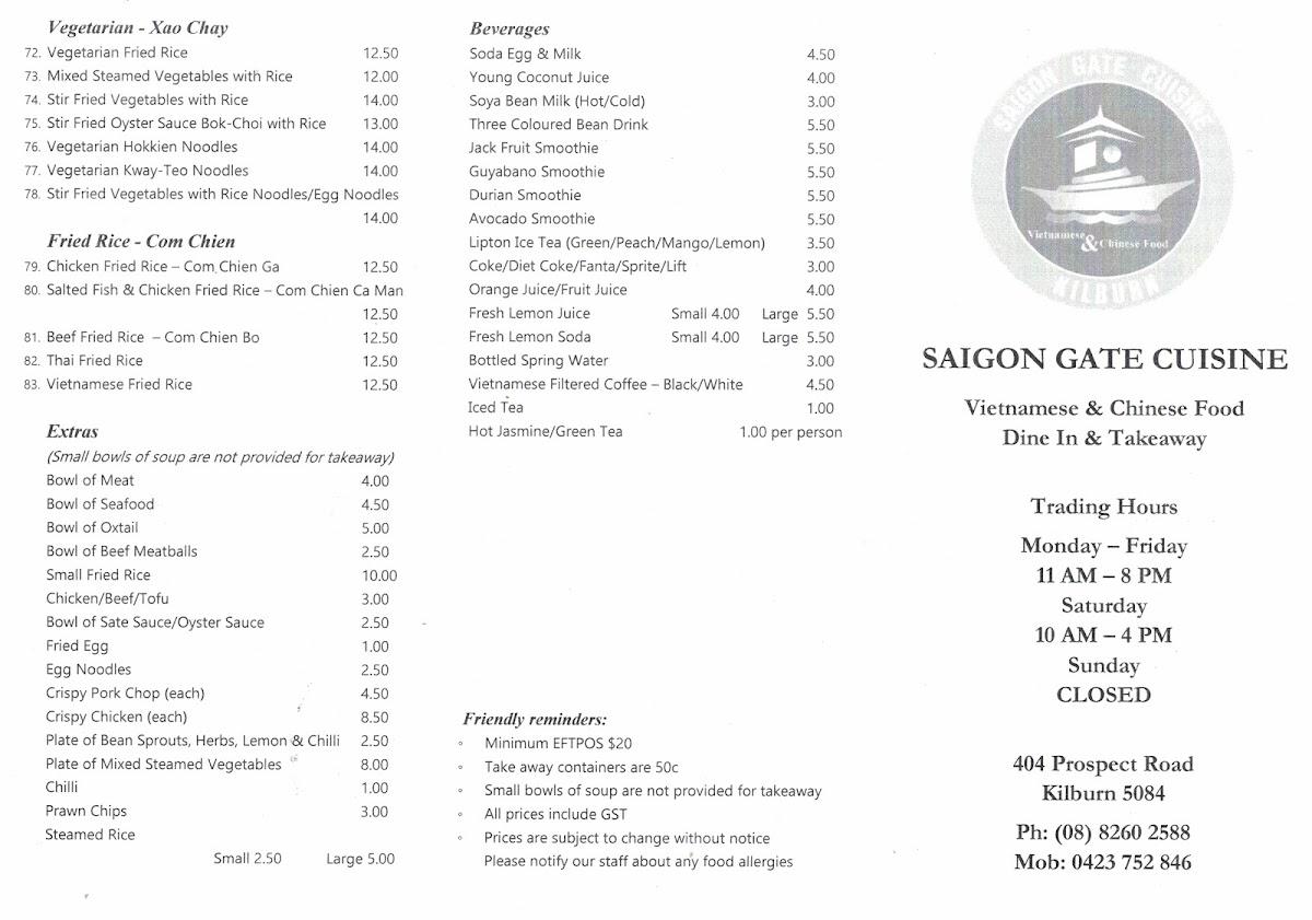Menu at Saigon Gate Cuisine fast food, Kilburn