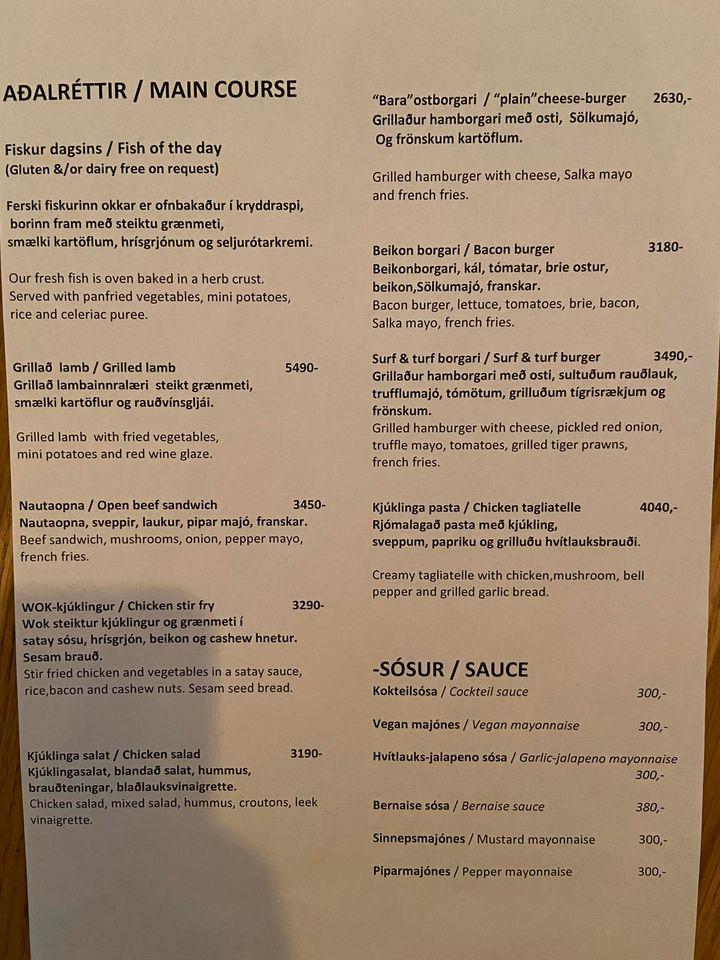 Menu at Salka Restaurant, Húsavík