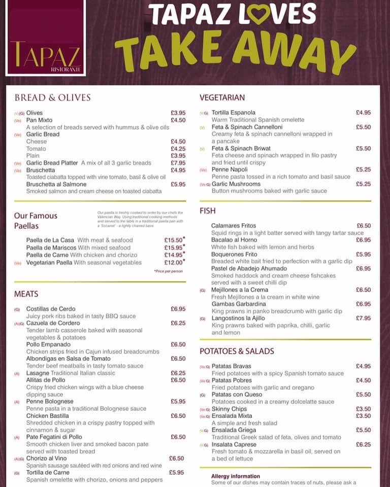 Menu at Tapaz Restaurant & Bar, Bolton