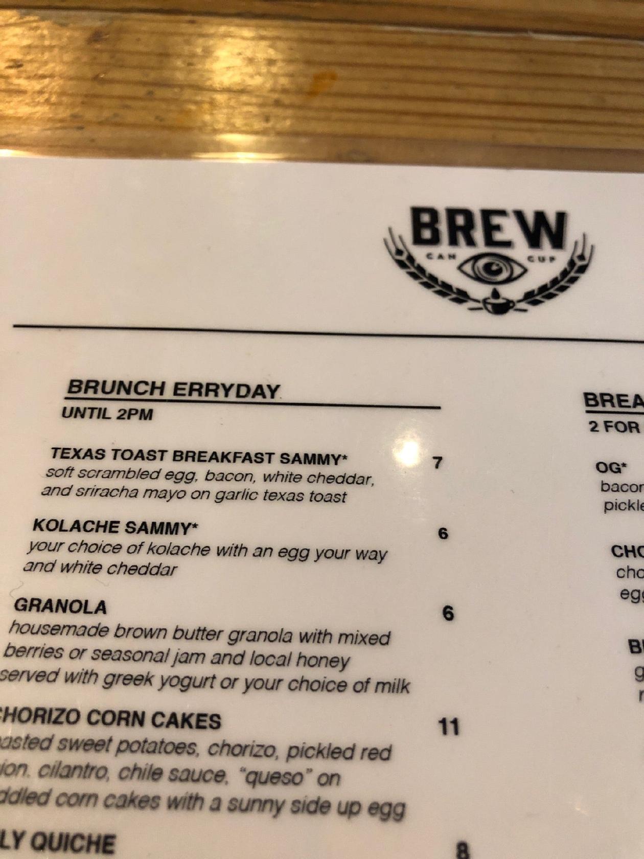 Menu at BREW Five Points cafe, Jacksonville