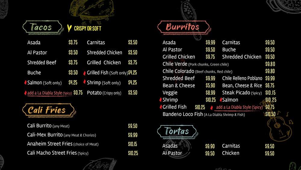 Menu at Bandeño Mexican Food restaurant, Anaheim