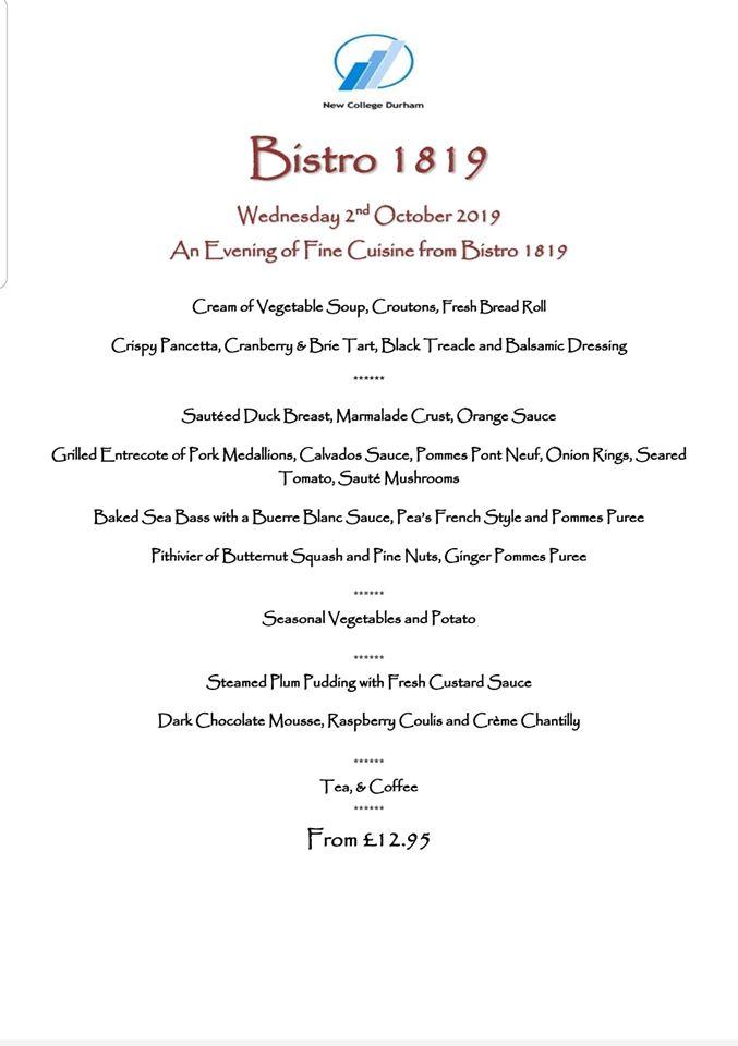 Menu at Bistro 1819 restaurant, Durham